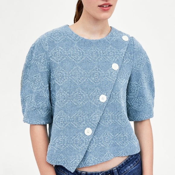 Zara | Tops | Zara Sky Blue Tweed Top With Buttons | Poshmark